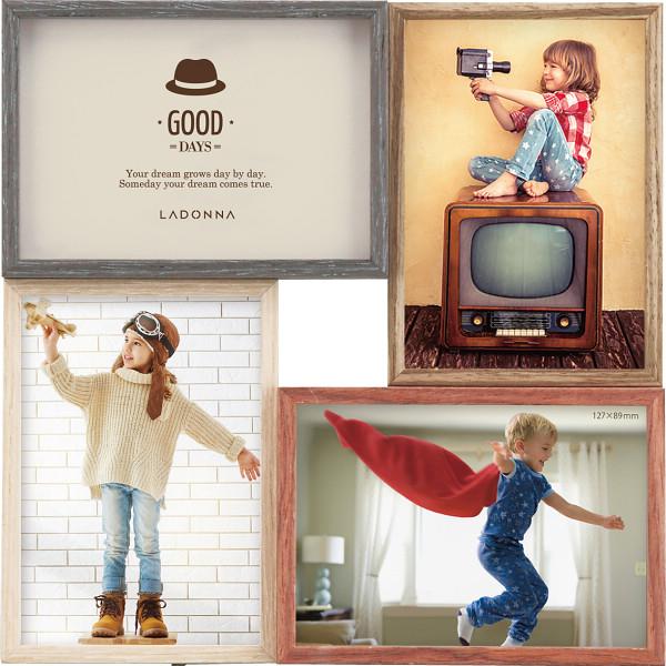 レトロっぽさがかわいい、木材を貼ったインテリアフレームです。●写真サイズ：L判4枚収納可●掛置兼用●現品約23.1×23.1×3cm●ベニヤ・MDF本体重量=約360g原産国または加工地/CHN：中国白箱入パッケージサイズ：約25×24×4...