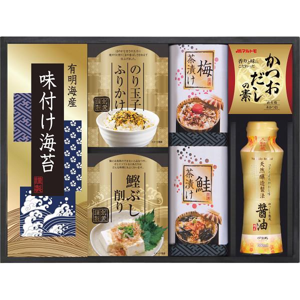 食卓を彩る和の詰め合わせです。有明海産味付け海苔(3切6枚)・のり玉子ふりかけ(4.5g×2)・鰹ぶし削り(2g×3)・梅茶漬け(4.3g×2)・鮭茶漬け(4.7g×2)・マルトモかつおだしの素(4g×4)・伊賀越天然醸造しょうゆ200ml...