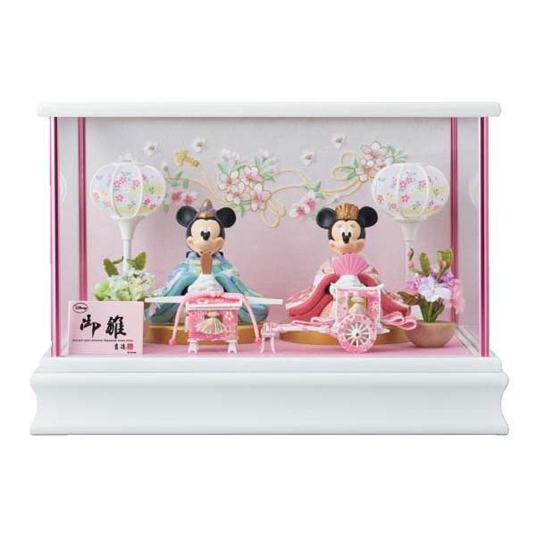 大人気のミッキー＆ミニーがひな人形になりました。パステルカラーの花紋柄が、ひなまつりを華やかに演出します。現品約38×28×27cm化繊、ガラス、木、樹脂、石膏、針金などガラスケース入●(株)吉徳原産国または加工地／JPN：日本