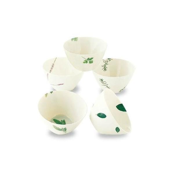 ベイリーフ、パセリ、ラベンダー、ローズマリー、セージがそれぞれ描かれた、コロンとしたフォルムが愛らしいお皿のセット。汁物、朝食のためのシリアル、デザートなど・・・様々な用途に活躍する、使いやすさ抜群の食器です。■セット内容13cmボウル×5...