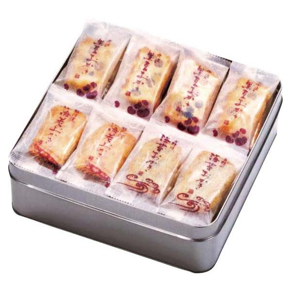 黒豆おかき12枚、海老おかき14枚、海苔おかき14枚缶サイズ:240×240×81（60サイズ）※アレルギー：えび・大豆常温配送