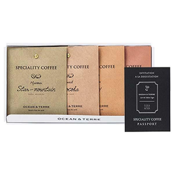 ドリップ珈琲8g×4（ミャンマー スターマウンテン・ブラジル ショコラ・コスタリカ ハニー・エチオピア イルガチェフェ×各1）、パスポート付き（スペシャルティコーヒー説明書）箱サイズ:149×275×32（50サイズ）常温配送