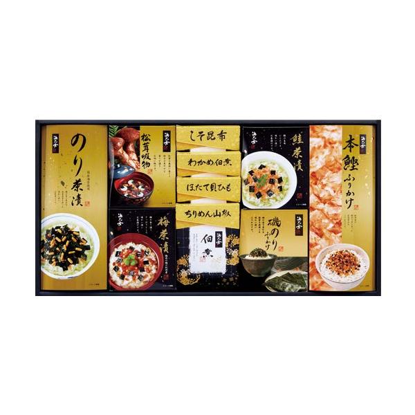 のり茶漬6g・本鰹ふりかけ5g×各8、鮭茶漬6.4g・磯のりふりかけ5g・梅茶漬6g・松茸吸物3.8g×各5、しそ昆布38g、ほたて貝ひも佃煮40g、ちりめん山椒25g、わかめ佃煮45g箱サイズ:247×485×55（80サイズ）※アレルギ...