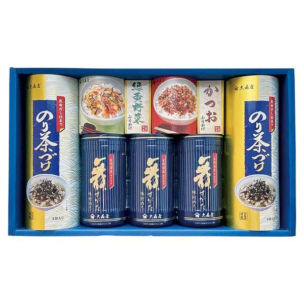 有明海産味付のり（10切32枚） 3個、のり茶漬（5.4g×8袋） 2個、緑黄野菜ふりかけ（2.5g×10袋） 1個、かつおふりかけ（2.5g×10袋） 1個箱サイズ:249×419×89（80サイズ）※アレルギー：卵・乳・小麦・えび・大豆...