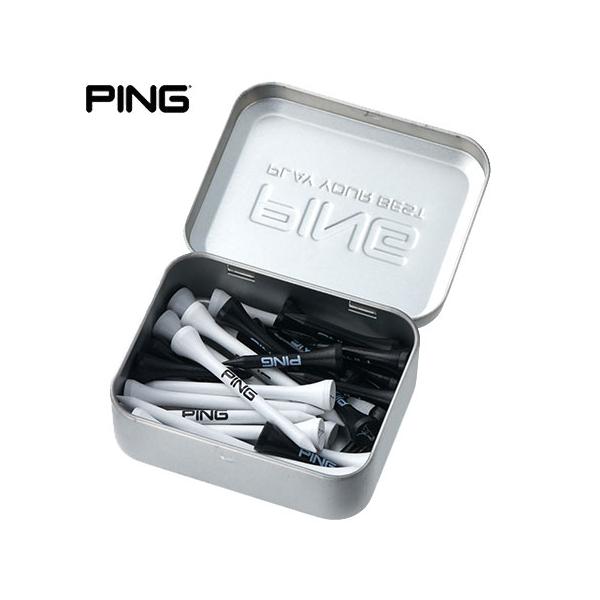 PINGロゴ缶に入った木製ティー。70mmティー15本、35mmティー15本入り。