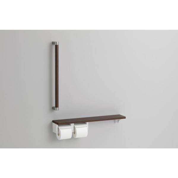 YHBS603FR  木製手すり 手すり・紙巻器付手すり　R/L兼用　手すり：38×78×616棚付二連紙巻器：700×120×105　立座ラク棚付　フロントワンタッチ　ワンハンドカット　ペーパー幅105-114　芯あり対応