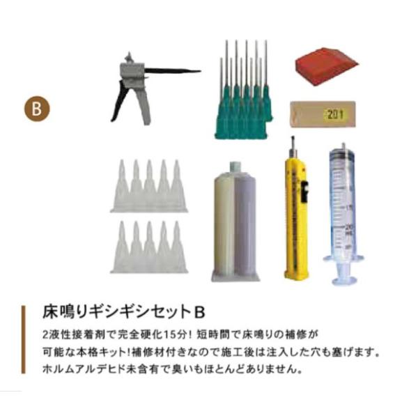 ブルズ 床鳴りギシギシセット B 【メーカー直送】２液性接着剤で完全硬化15分！短時間で床鳴りの補修が可能な本格キット！補修材つきなので、施工後は注入した穴も塞げます。ホルムアルデヒド未含有で臭いもほとんどありません。※床暖房フロアにはご使...