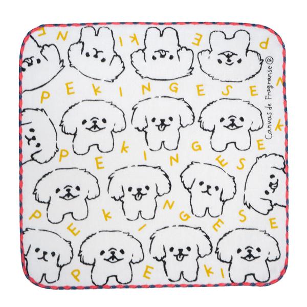 とってもかわいいスマイルペキニーズ柄★表のガーゼ面で寄り添い綿を撚らずに糸にした「無撚糸」ならではのふわふわな肌触り。裏は吸水性あるパイル地にっています。サイズ 約25×25cm■生産地：中国　■企画：日本■素材・成分：綿100％