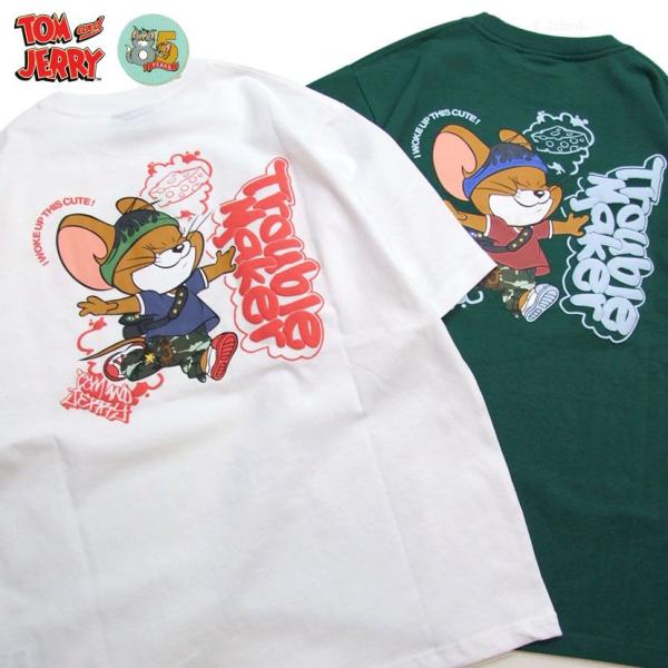 トムとジェリー85周年お洒落なコーディネイトのトム変わらずキュートな姿でTシャツになりました男女兼用ゆったりシルエットです◎画像モデル身長165cm 体重60kg　Mサイズ着用□detail：プリントTシャツ□カラー　ホワイト、グリーン□サ...