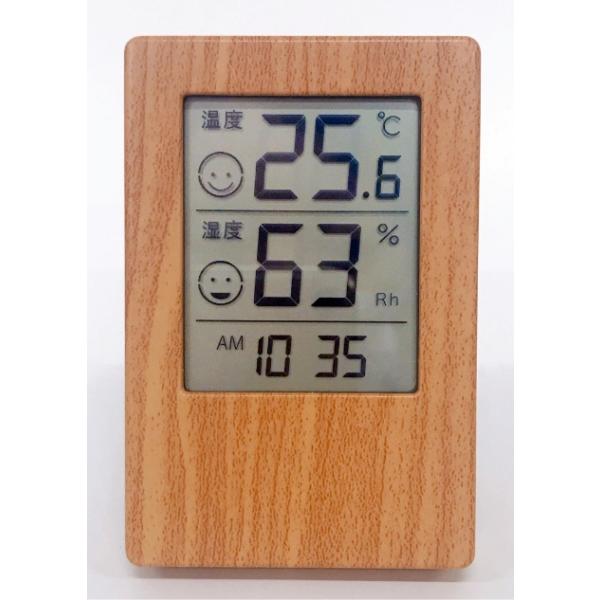 室内用デジタル時計付きの木目調小型温湿度計。お部屋のインテリアにも合う木目調。デジタル時計機能付き(AM・PM12時間表示)かわいい6種の顔アイコンでお部屋の状態をお知らせ。マグネット付きなので、冷蔵庫などにも設置可能。背面に壁掛け用穴付き...