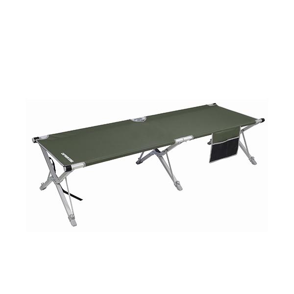 上から押し込むだけの組立簡単フィールドベット！収納バッグは使いやすい横入れ式便利なサイドポケット付き耐荷重100kg材質／シート：ポリエステル　フレーム：アルミニウム合金（表面加工：アルマイト）　ジョイント金具：鉄（亜鉛メッキ）