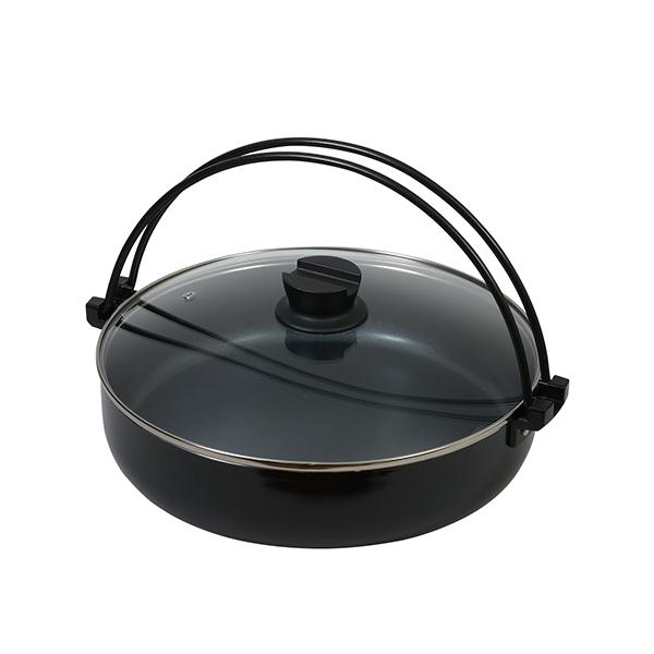 ふたつまみに菜箸やおたまを置くことができます。35×31×13.5cm本体：アルミニウム合金（内面フッ素加工）　蓋：強化ガラス・フェノール樹脂中国