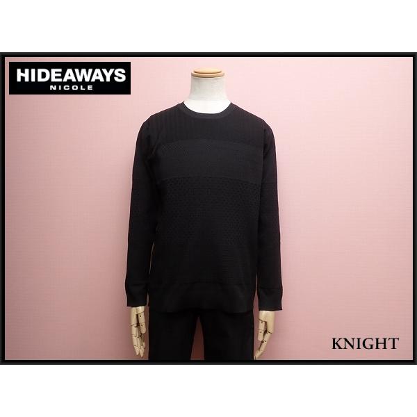 ブランド・説明HIDEAWAYS BLACK by NICOLEハイダウェイのニットです。織柄の切替えデザインです。素敵にお使い頂けると思います。気になる方は是非ご検討下さい。サイズ表記　46　　　実寸　着丈62.5cm　身幅52cm　肩幅...