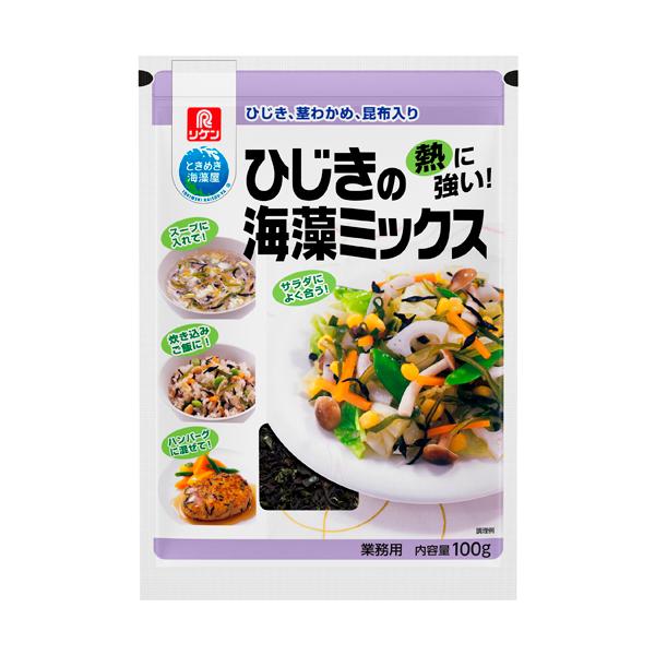 湯戻しで食べられるひじき入りの海藻ミックスです。シャキシャキ・コリコリとした食感の海藻3種類をバランスよくミックスしました。30 〜50倍（重量比）の熱湯に2分間浸すと約8倍（重量比）になります。