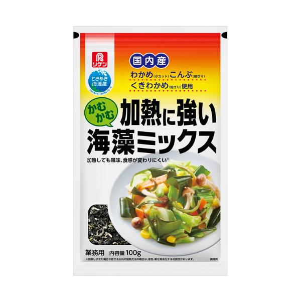 加熱しても風味、食感が変わりにくい素材を選定した海藻ミックスです。国内産の小カットわかめ、細ぎりくきわかめ、細ぎりこんぶを使用しているので、しっかりとした食感があり、かむかむメニューなどにも活用できます。30 〜 50倍（重量比）の熱湯に2...