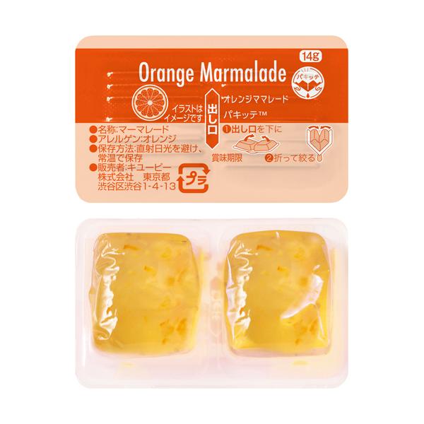 オレンジ、夏みかん等の香りを大切にしたオレンジママレードです。パキッテとは、（ソースなどの調味料を）片手で素早くかけられるポーション容器です。