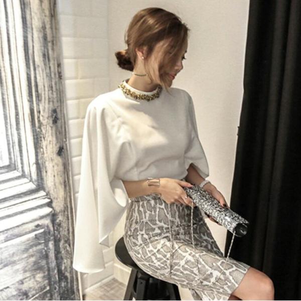 トップス スカート ボトムス l セットアップ ブラウス コクーンスカート タイトスカート 膝丈 ひざ丈 袖あり 長袖 スタンドカラー スリム タイト 細身 ハイウエスト 上下セット 3点セット スリーピース 大人可愛い きれいめ 大人 上...