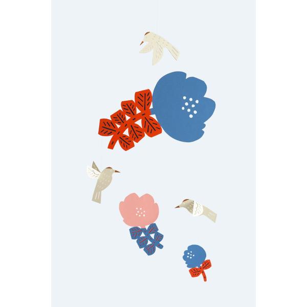 鮮やかな色彩の花の周りを３羽のハチドリが舞うーーそんな自然の情景を切り取ったような美しいモビールです。見た目も精緻なこのモビールは、カットされた紙を手作業で一枚ずつ貼って作られています。ハチドリの羽は立体になり、わずかな空気の流れをとらえて...