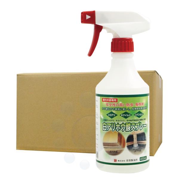 【商品名】白アリホウ酸スプレー【内容量】400ml×4本【成　分】エチレングリコール、八ホウ酸二ナトリウム四水和物、水【色】クリア【匂　い】微アルコール臭【標準使用量】150ml/平方メートル【販売元】株式会社吉田製油所【商品特長】水性タイ...