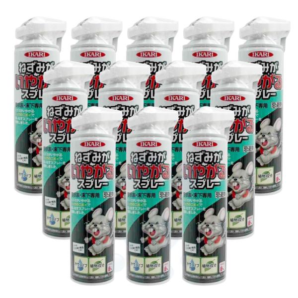 【商品名】ねずみがいやがるスプレー【内容量】320ml×12本【有効成分】天然ハッカ油【用　途】屋根裏、床下のネズミの追い出し、侵入防止【販売元】イカリ消毒株式会社【商品特長】◆屋根裏・床下にいるネズミを強力ハッカ臭で追い出します。◆屋根裏...