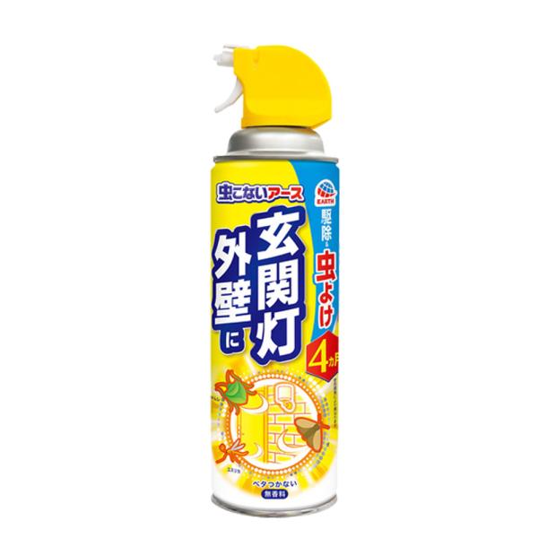 【商品名】虫こないアース 玄関灯・外壁に【内容量】450ml【有効成分】シフルトリン、フェンプロパトリン（ピレスロイド系）【効果持続期間】虫よけ効果：約4ヵ月（使用環境により異なります）【適用害虫】ガ、羽アリ、ユスリカ、カメムシ、ウンカ、ヨ...
