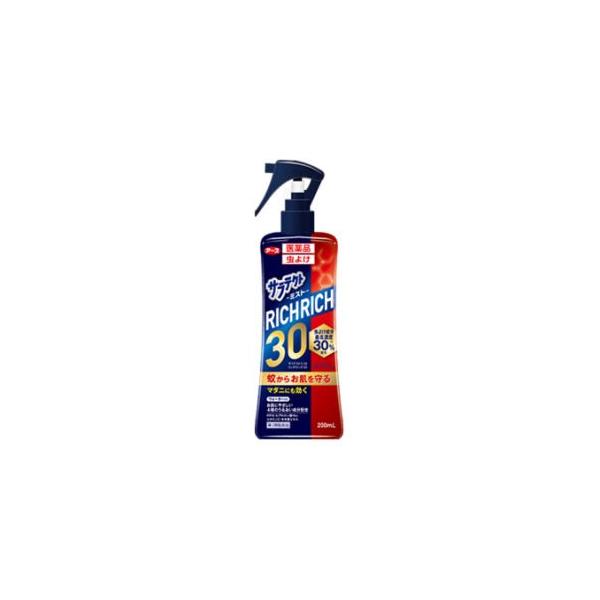 【商品名】サラテクトミスト リッチリッチ30【内容量】200ml【有効成分】1本（200ml）中ディート60g【成　分】添加物として、ポリプロピレングリコール（PPG）、モモ葉エキス、ヒアルロン酸Na（2）、アスコルビン酸（ビタミンC）、ク...