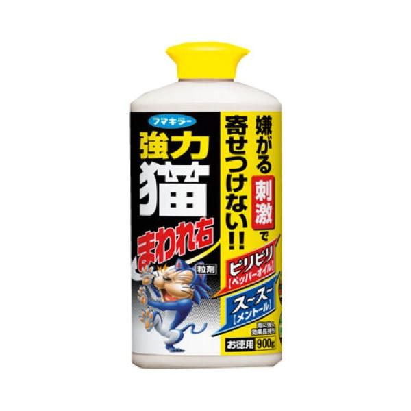 【商品名】強力猫まわれ右 粒剤【内容量】900g【有効成分】l−メントール・ペッパーオイル・サリチル酸メチル【適用害獣】猫【販売元】フマキラー株式会社【商品特長】◆スースー刺激で忌避効果アップ！メントールのスーッとする刺激が猫に警戒心を抱か...