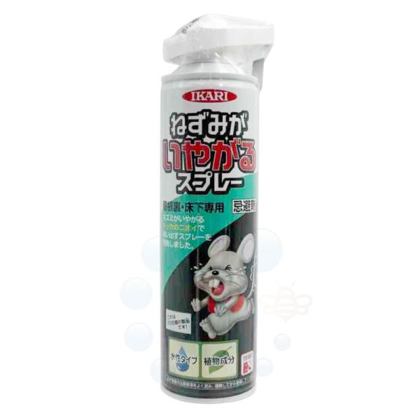 【商品名】ねずみがいやがるスプレー【内容量】320ml【有効成分】天然ハッカ油【用　途】屋根裏、床下のネズミの追い出し、侵入防止【販売元】イカリ消毒株式会社【商品特長】◆屋根裏・床下にいるネズミを強力ハッカ臭で追い出します。◆屋根裏・床下に...