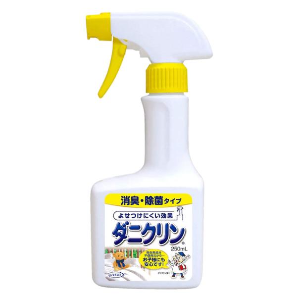 【商品名】ダニクリン 消臭・除菌 本体【内容量】250ml【全成分】脂肪族系カルボン酸エステル　・消臭除菌(サトウキビ抽出エキス、イソプロピルメチルフェノール)【用　途】衣類、寝装具、タタミ、カーペットなど【使用量の目安】1平方メートルに5...