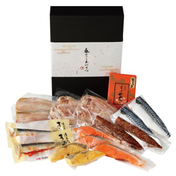 当店人気のお魚メインの商品をセットにしました。大切な方への贈り物にぜひご利用ください。【セット内容】・無着色昆布漬辛子めんたい 110g・塩さば（フィレ） 2枚・甘塩銀鮭切身 3枚・甘鯛の開き干し（赤甘鯛）2枚・縞ほっけの開き干し（3〜4L...