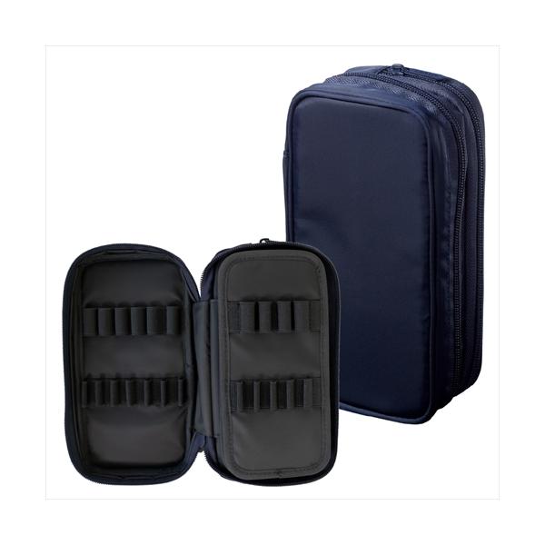 ペンホルダー：合計10本収納可能。ポケット：定規などの薄い物の収納に。メッシュポケット：シャープ替芯ケースや消しゴムを入れて。ペン同士の傷つきを防止するクッションプレート。ペンを隠さず保護するクッションループ。