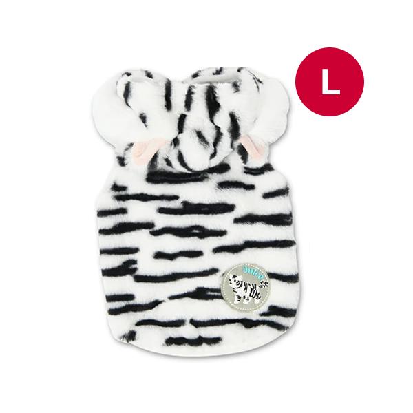 フードをかぶるとホワイトタイガーに変身！ふわふわした肌触りの良いボアを使用したワンちゃん用パーカ。かわいいホワイトタイガーのワッペン付き。【素材】ポリエステル 100%【サイズ：L】着丈：28-30cm胴回：41-43cm首回：29-31c...