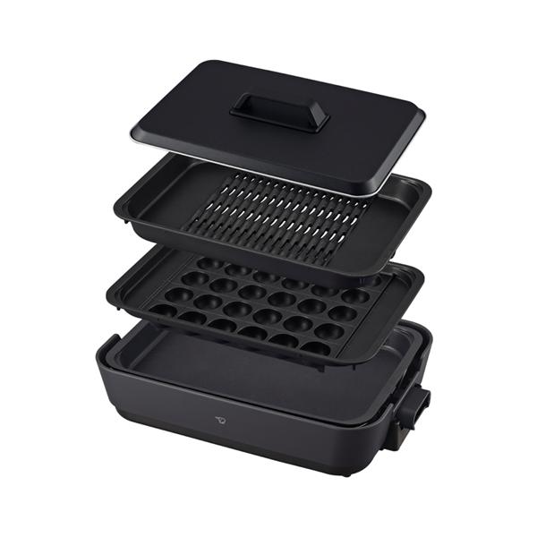 「深型穴あき焼肉プレート」「深型平面プレート」「区切り線つきたこ焼きプレート」の3枚タイプ穴から肉の余分な脂を落として煙や油の飛び散りを抑える「深型穴あき焼肉プレート」ヒーターの熱を反射し、熱効率を高める「反射板」※深型穴あき焼肉プレート使...