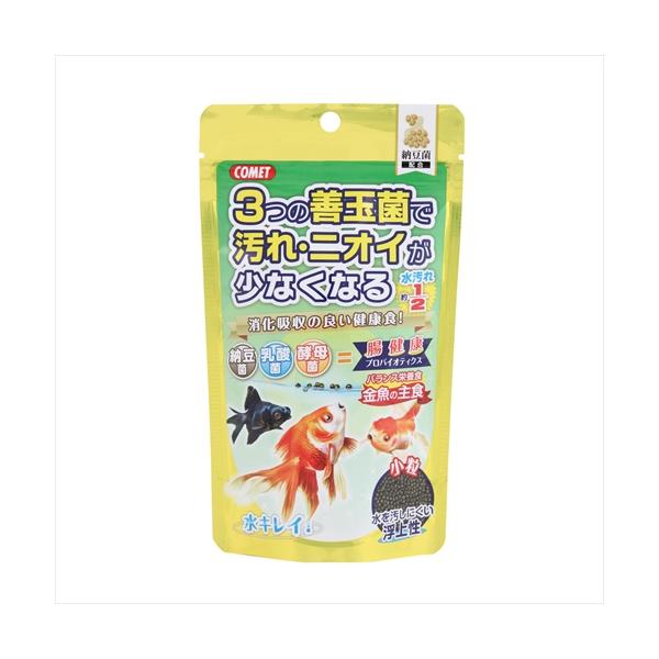 納豆菌に加え、新たに乳酸菌と酵母菌を配合。この3つの善玉菌の力で金魚の腸内細菌のバランスを整え、水の汚れや嫌なニオイを減らします。健康に育つビタミン配合のバランスフードで、小さい金魚に最適な浮上性の小粒です。