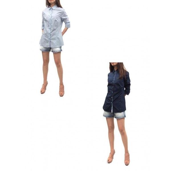 シンプルな定番のシャツはオン・オフ問わず使えるデイリーアイテム。ボタンは布花柄で衿と袖の裏は花柄になっているところがポイントです。ストレッチが効いた素材で着心地もよく、オフィスからカジュアルまで幅広いコーディネートにお使いになれるアイテムです。