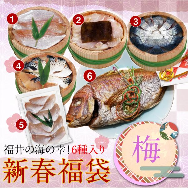 商品名：福井のグルメな海の幸！お祝い福袋6種入り味わい≪梅≫内容量：1.小鯛の笹漬け半樽 85g 1個2.真鯛の昆布締め半樽 85g 1個3.青物(お任せ)柚子風味半樽 85g 1個4.青物(お任せ)カルパッチョ半樽 85g 1個5.業務用...