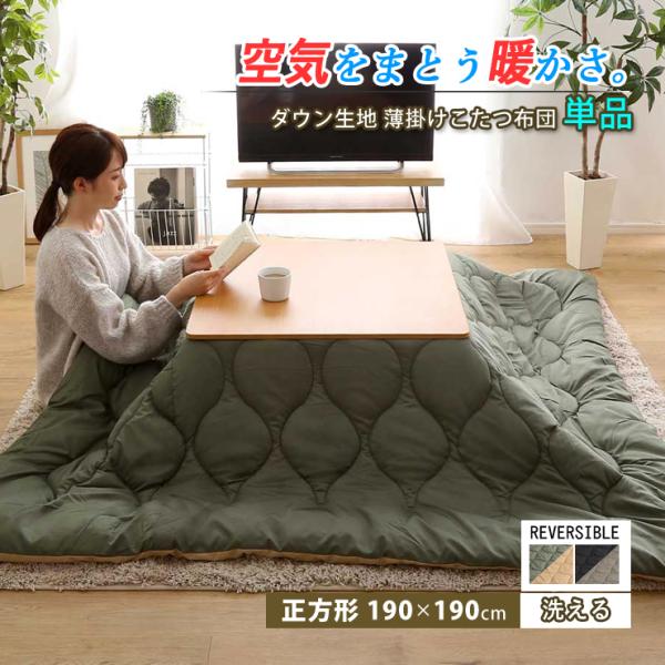 ■商品ポイントダウン素材の薄掛けこたつ布団　正方形タイプ。■サイズ【商品サイズ】W190×D190cm【商品重量】1.5kg【梱包サイズ】W23.0xD23.0xH51.0cm【梱包重量】2.0kg■材質ポリエステル■備考メーカー在庫商品　...