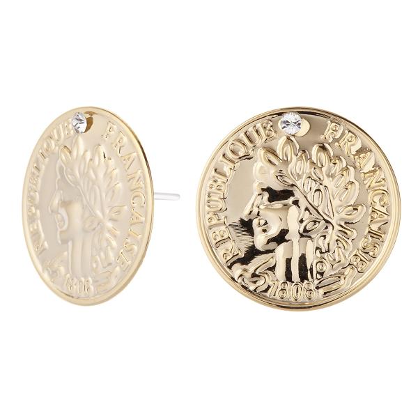 ピアス コイン 硬貨モチーフ 樹脂製ポスト 日本製 低金属アレルギー 対応 安心 ラッピング対応 ギフト スタッド レジン 通貨 フランス語素材真鍮製プラチナロジウムコーティングゴールドコーティングラインストーンポリプロピレン樹脂製ポストサ...