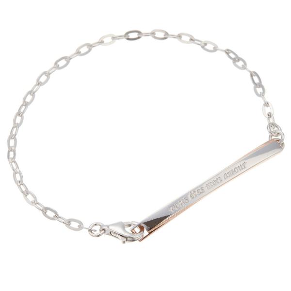 素材シルバー925製 ピンクゴールドコーティングサイズ全長 約16.5cmプレート 長さ約38mm 太さ約4mm 総重量 約3.0g艶感シルバーとピンクゴールドコートを施したアクセントバーのメッセージブレスレット。シャープなプレートに緩やか...