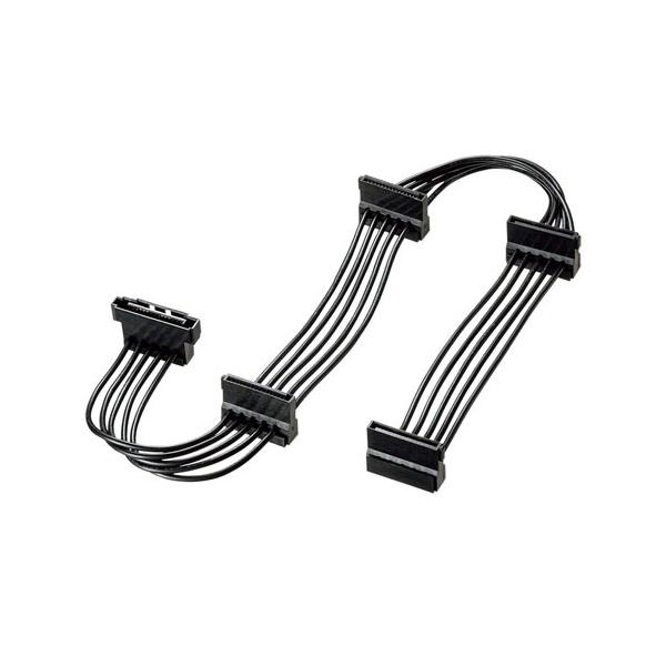 ディスクアレイなどHDDやSSDを複数台接続する時に便利なSATA電源4分岐ケーブル●インターフェース:SATA15ピンオス　→　SATA15ピンメスx4●ケーブル長:0.4m