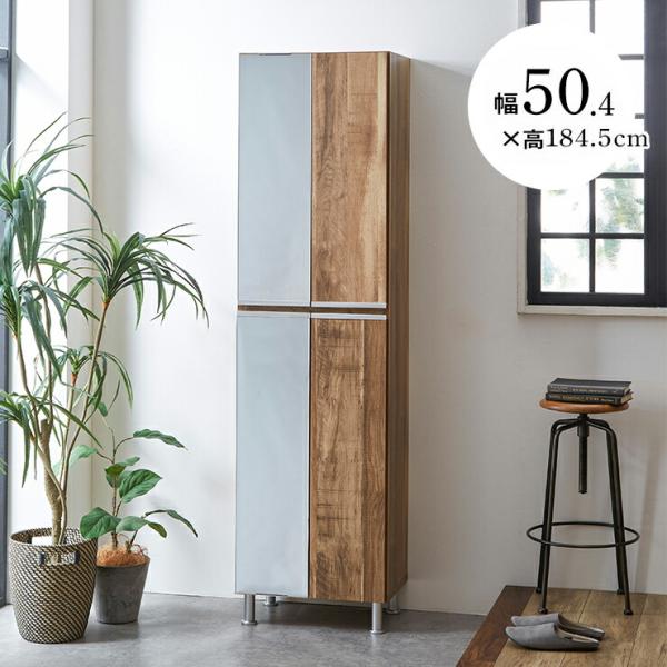 ■商品番号：370114【この商品のスペック】■寸法外寸：幅50.4×奥行35×高さ184.5cm脚の高さ:10cm収納参考値:約20足■素材ポリ板(ホワイト鏡面)、強化紙(木目柄)取っ手：アルミニウム棚板：プラスチック■商品の特徴・奥行が...