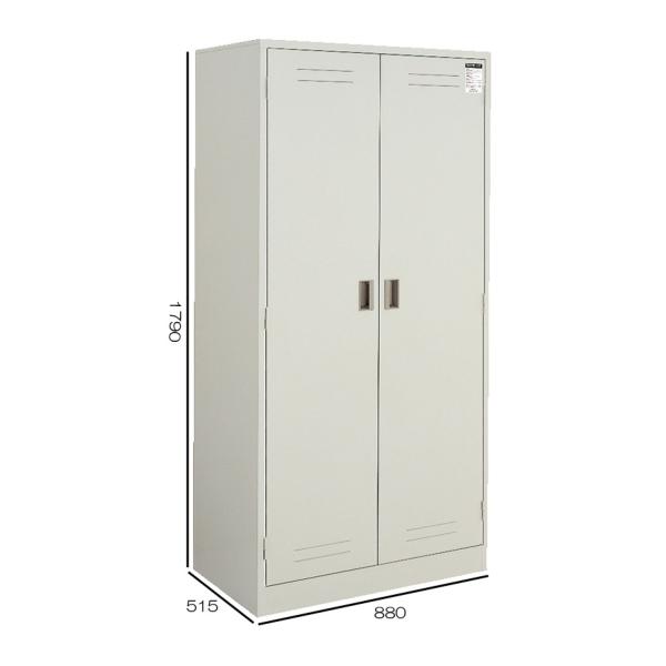 ●本体・扉：鋼板、焼付塗装●外寸法：W880×D515×H1790●内寸法：W392(右)392(左)×D335(右)365(左)×H1645●付属品：棚板(4枚)・トレー(大2個・小1個)・バスケット(大1個・小2個)・雑巾掛け金具(3個...