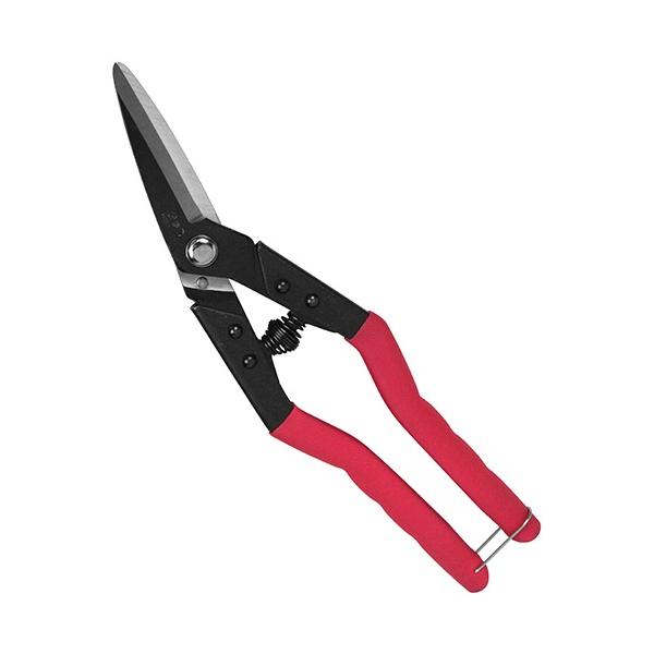 多用途に使える、手が邪魔にならない角度付きの鋏です。【用途】軟鋼材、銅板、真鍮板、アルミ板、プラスチック板、家庭菜園の摘花・芽切り。【機能】・ノコ目があるので対象物がすべりにくいです。・バネ付きで、ハサミの開閉が楽にできます。・カシメ部はボ...