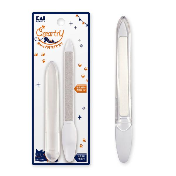 セルフネイルケアシリーズ クレアートリー・荒目、細目の両面タイプ。・ヤスリ面はなめらかなヤスリ掛けができ、ツメを形よく仕上げることができるエッヂング加工。・サビに強いステンレス製。粗目と細目の2種のヤスリ付き。・キャップ付きで衛生的に使用で...