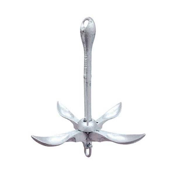 収納性に特に優れたフォールディングアンカー。小型ボート、ディンギー、ウォータークラフトオーナーに人気です。【適応ボートサイズ】・〜16ft【推奨ロープサイズ】・8〜10mmφ【材質】・鉄　亜鉛メッキ