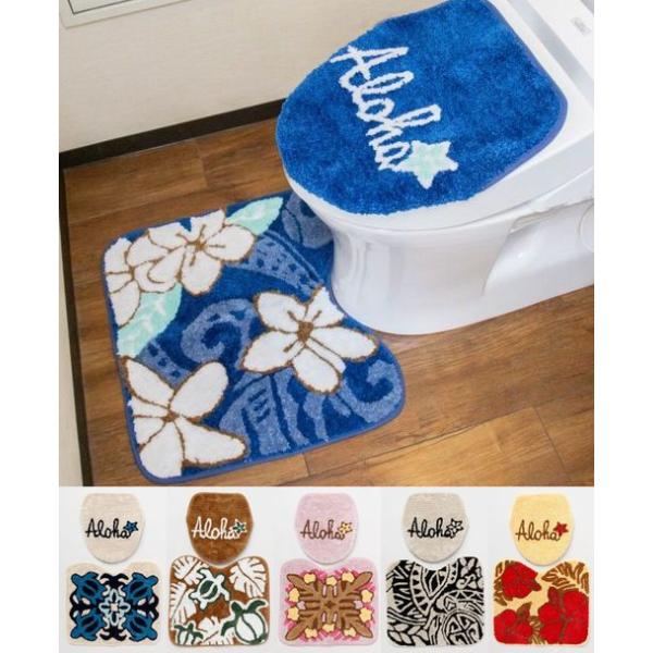 ハワイを思わせる華やかな花々のデザインやホヌ、キルト、トライバル柄、蓋カバーにはAlohaの文字が描かれた、明るい雰囲気のトイレのフタとマットのセットになります。HAWAIIの代表的なモチーフを大胆な刺しゅうで施したトイレセット。トイレもハ...