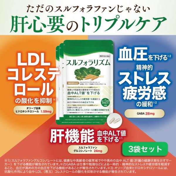 キーワード：スルフォラリズム、機能性表示食品、スルフォラファン、肝臓、肝臓サプリ、肝機能、コレステロール、血圧、ストレス、疲労感、疲労回復・原材料：ケール種子エキス末（イタリア製造）、L-オルニチン塩酸塩、GABA、オリーブ葉エキス末／結晶...