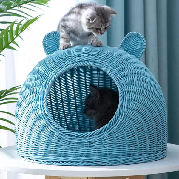 通気性のある籠バスケットの猫ちぐら。暖房・冷房などの直風は遮りつつも風を通しあたたかいので年中使えます。猫用ベッド・犬小屋は、環境に優しいPP素材で手編みされた四季対応の猫小屋です。この猫小屋は全身水で洗うことができ、全体が滑らかでバリがな...