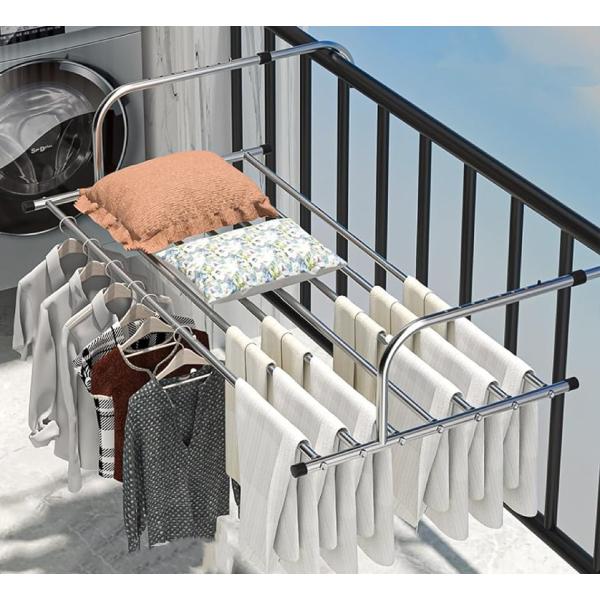 簡単に干せる：物干し竿は設置のための穴あけが不要で、軽量で持ち運びやすく、必要に応じていつでも交換できるので、衣類をいつでも太陽の下で楽しむことができます。伸縮可能：7本の物干し竿は二重ケースになっており、必要に応じていつでも自由に伸縮し、...