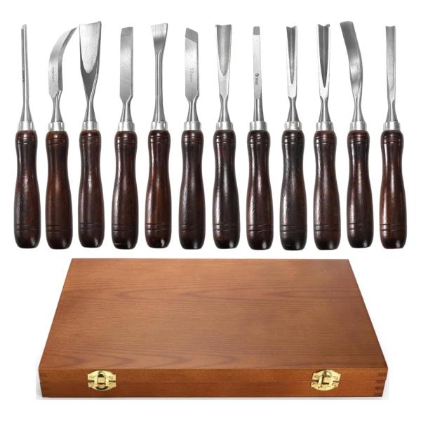 【バリューパッケージ】kaino長さ約12.5cmのハンドルと、長さ約10cmの刃が付いた12種類の木彫りノミセットが付属。平刃、斜め刃、丸刃、大きな三角刃など、様々な刃物が含まれています。【高品質ハンドル】高級木製ハンドルを採用。滑らかで...